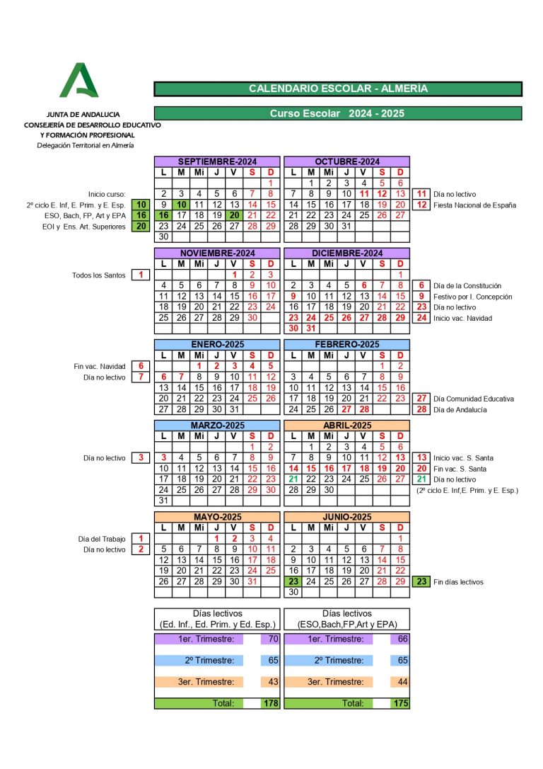 Calendario escolar 2024/2025 - CEIP Juan XXIII
